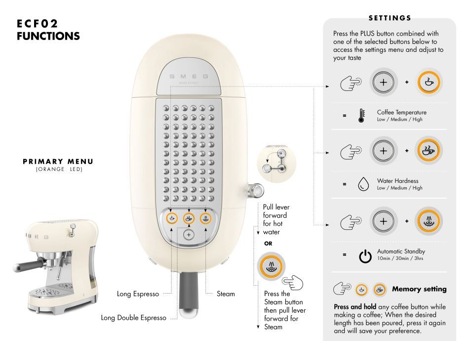 Smeg Smeg Espresso Coffee Machine with Steam Wand | Cream ECF02CRUK